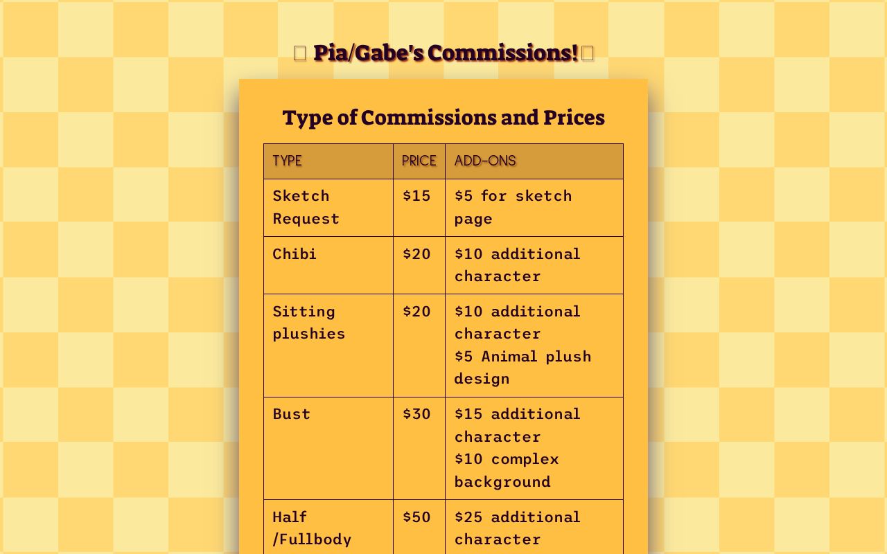 Pia/Gabe's commissions